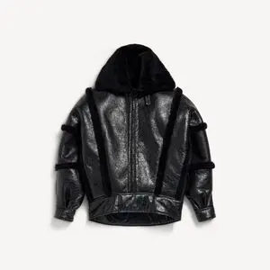 Balenciaga High Collar Leather Jacket With Shearling Details And Lining - Black