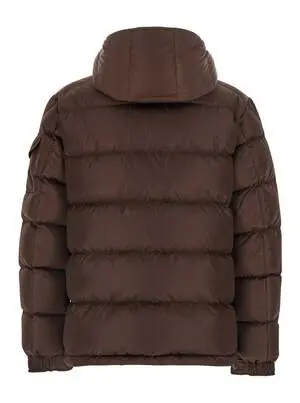 Moncler Brown Down Jacket 'maya' With Removable Hood And Logo Patch On The Sleeve In Tech Fabric For