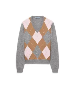 Prada Argyle Cashmere V-neck Sweater - Grey