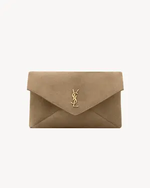 Saint Laurent Cassandre Large Envelope Pouch In Suede In Beige - Light Cumin