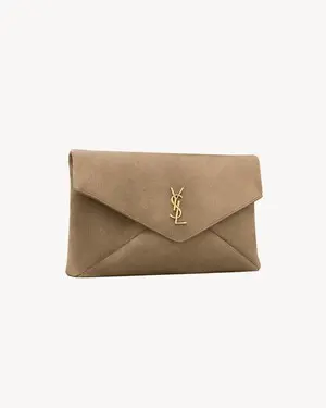 Saint Laurent Cassandre Large Envelope Pouch In Suede In Beige