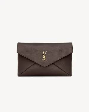 Saint Laurent Cassandre Large Envelope Pouch In Lambskin In Brown - Santal
