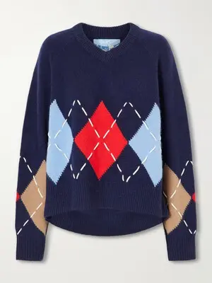 Arch4 Sloane Embroidered Argyle Cashmere Sweater - Blue