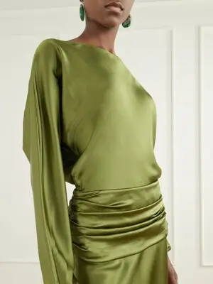 Staud Freda Gathered Silk-blend Satin Mini Dress - Green
