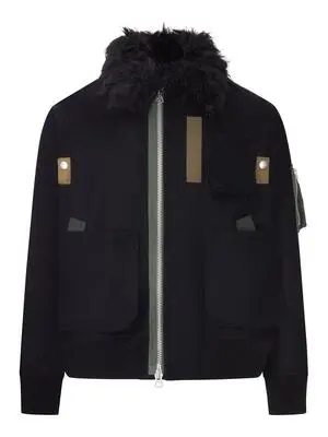 Sacai Bomber Jacket With Faux Fur Collar - Black