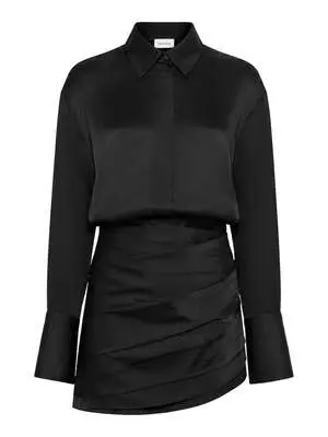 Andamane Satin Mini Shirt Dress With Draped Skirt - Black