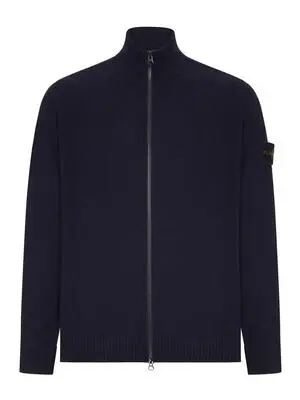 Stone Island Full Zip Wool Sweater With High Neck - Blue
