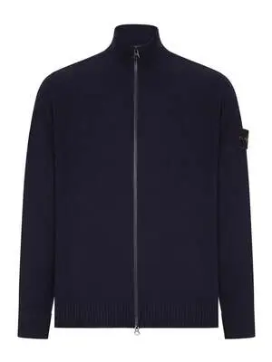 Stone Island Full Zip Wool Sweater With High Neck - Blue