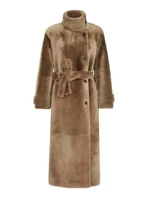 Brunello Cucinelli Shearling Coat With Belt - Multicolor