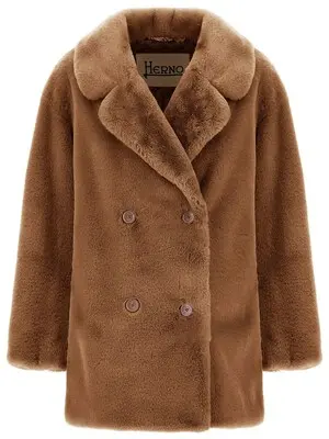 Herno Cappotto Doppiopetto In Ecopelliccia - Brown