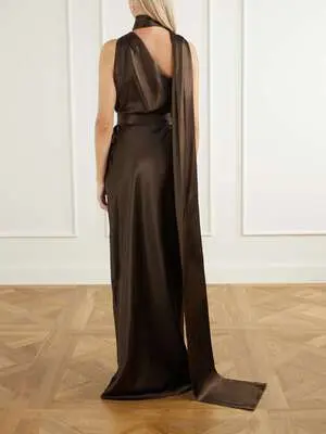 Ralph Lauren Rynn Belted Silk-duchesse Halterneck Gown - Brown