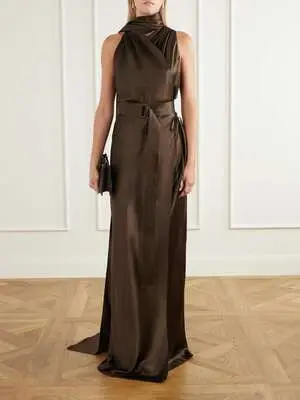 Ralph Lauren Rynn Belted Silk-duchesse Halterneck Gown - Brown