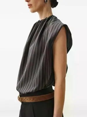 LESS Shirred-neck Striped Blouse