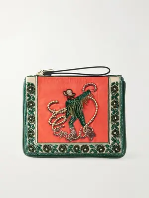 ALEMAIS Ace Embellished Leather-trimmed Satin Clutch - Green