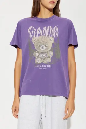 GANNI Have A Nice Day!" Teddy Bear Print Cotton T-shirt