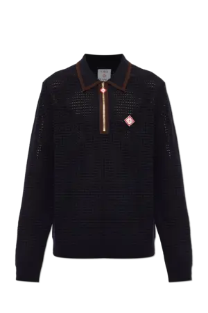 Casablanca Wool Polo Shirt With Logo Patch - Navy Blue