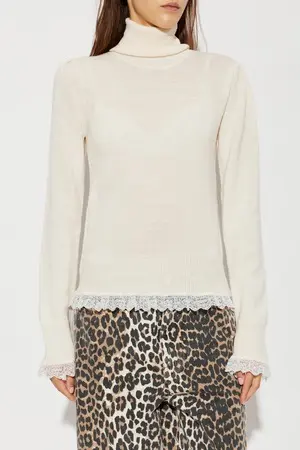 GANNI Wool Turtleneck With Lace Trim