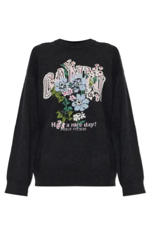 GANNI Sweater With Colorful Pattern And Logo - Black