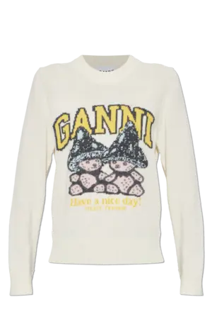 GANNI Sweater With A Colorful Pattern And Logo - Cream