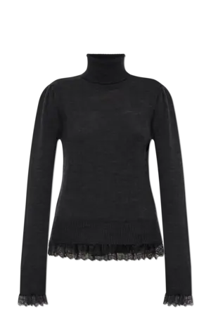 GANNI Wool Turtleneck With Lace Trim - Grey