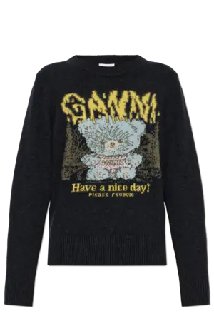 GANNI Sweater With Colorful Pattern And Logo - Grey