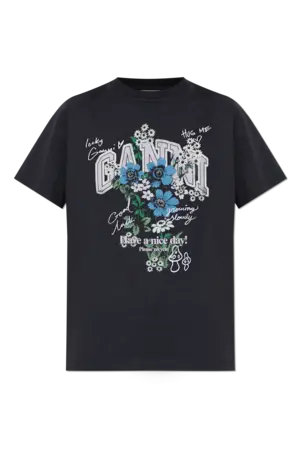 GANNI Cotton T-shirt With Floral Print - Black