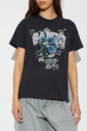 GANNI Cotton T-shirt With Floral Print - Black