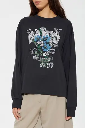 GANNI Printed Long Sleeve T-shirt - Black