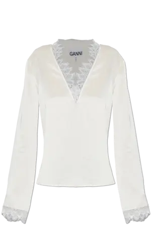 GANNI Satin Top With Lace Trim