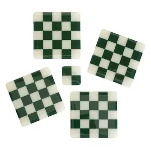 DAVID PERRY GLASS & CERAMICS Neutrals / Cream & Dark Chequered Glass Coasters - Green