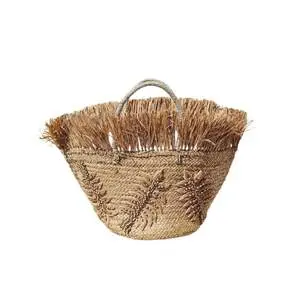 OHSUN Hand-embroidered Straw Tote With Fringe And Gold-tone Bead Detailing - Yellow