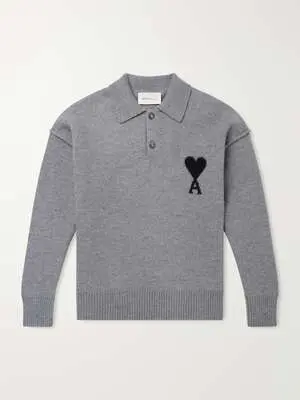 AMI Paris Logo-instarsia Wool Polo Sweater - Gray