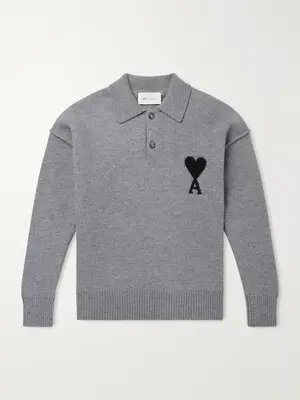 AMI Paris Logo-intarsia Wool Polo Sweater - Gray