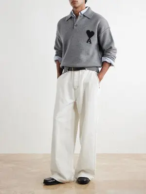 AMI Paris Logo-intarsia Wool Polo Sweater - Gray