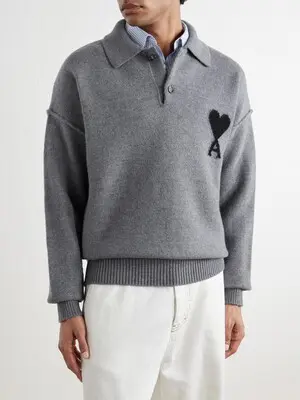 AMI Paris Logo-intarsia Wool Polo Sweater - Gray