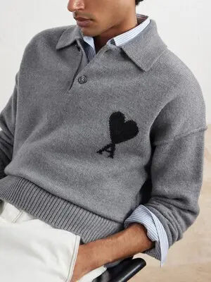 AMI Paris Logo-intarsia Wool Polo Sweater - Gray