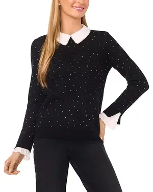 CECE DUPRAZ Faux Pearl Collar Polka Dot Sweater