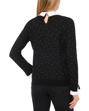 CECE DUPRAZ Faux Pearl Collar Polka Dot Sweater
