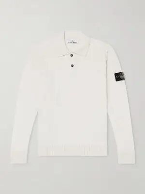 Stone Island Logo-appliquéd Virgin Wool Polo Shirt - Neutrals