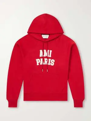 AMI Paris Logo-embroidered Organic Cotton-fleece Hoodie - Red