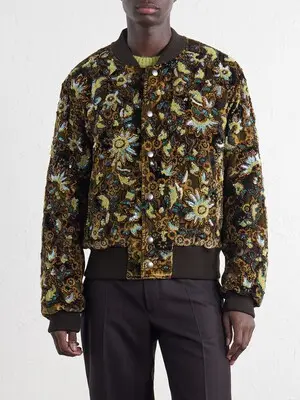 Dries Van Noten Embellished Printed Velvet Bomber Jacket - Green