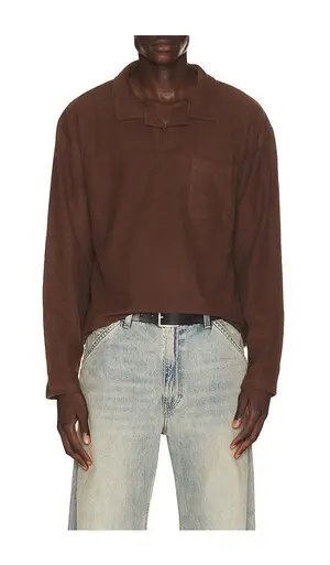 RHYTHM Vintage Terry Long Sleeve Polo In Brown - Chocolate
