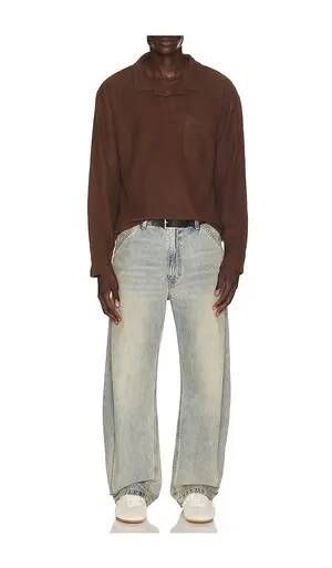 RHYTHM Vintage Terry Long Sleeve Polo In Brown