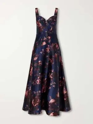Erdem Belted Floral-print Duchess-satin Bustier Midi Dress - Navy
