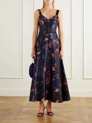 Erdem Belted Floral-print Duchess-satin Bustier Midi Dress