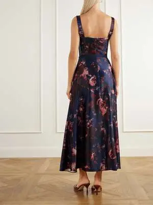 Erdem Belted Floral-print Duchess-satin Bustier Midi Dress