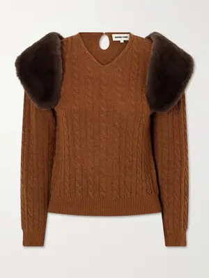 SHUSHU/TONG Plush-trimmed Cable-knit Wool And Lyocell-blend Sweater - Brown
