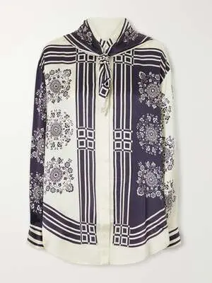 ALEMAIS Banderra Scarf-detailed Printed Silk-satin Shirt Navy