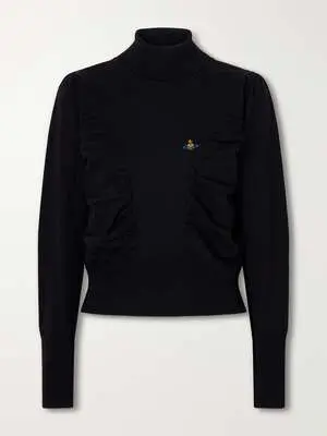 VIVIENNE WESTWOOD Pamela Logo-embroidered Gathered Wool High-neck Sweater - Black