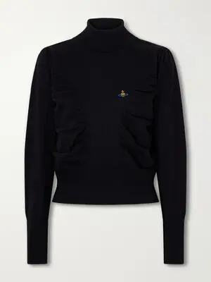 VIVIENNE WESTWOOD Pamela Logo-embroidered Gathered Wool High-neck Sweater - Black